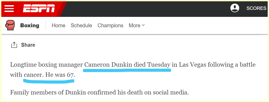Longtime boxing manager Cameron Dunkin dies at 67. What will come for ...
